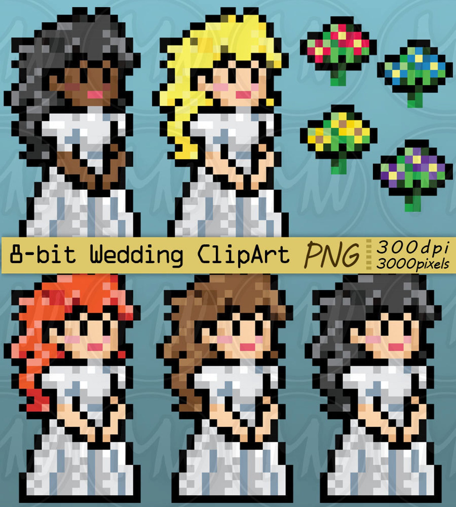 8-bit Wedding Clipart, Wedding Clip Art, Wedding Invitation, Bride ...