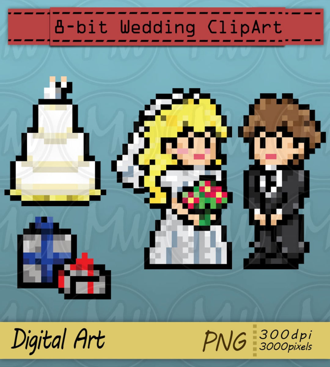 8-bit Wedding Clipart, Wedding Clip Art, Wedding Invitation, Bride ...