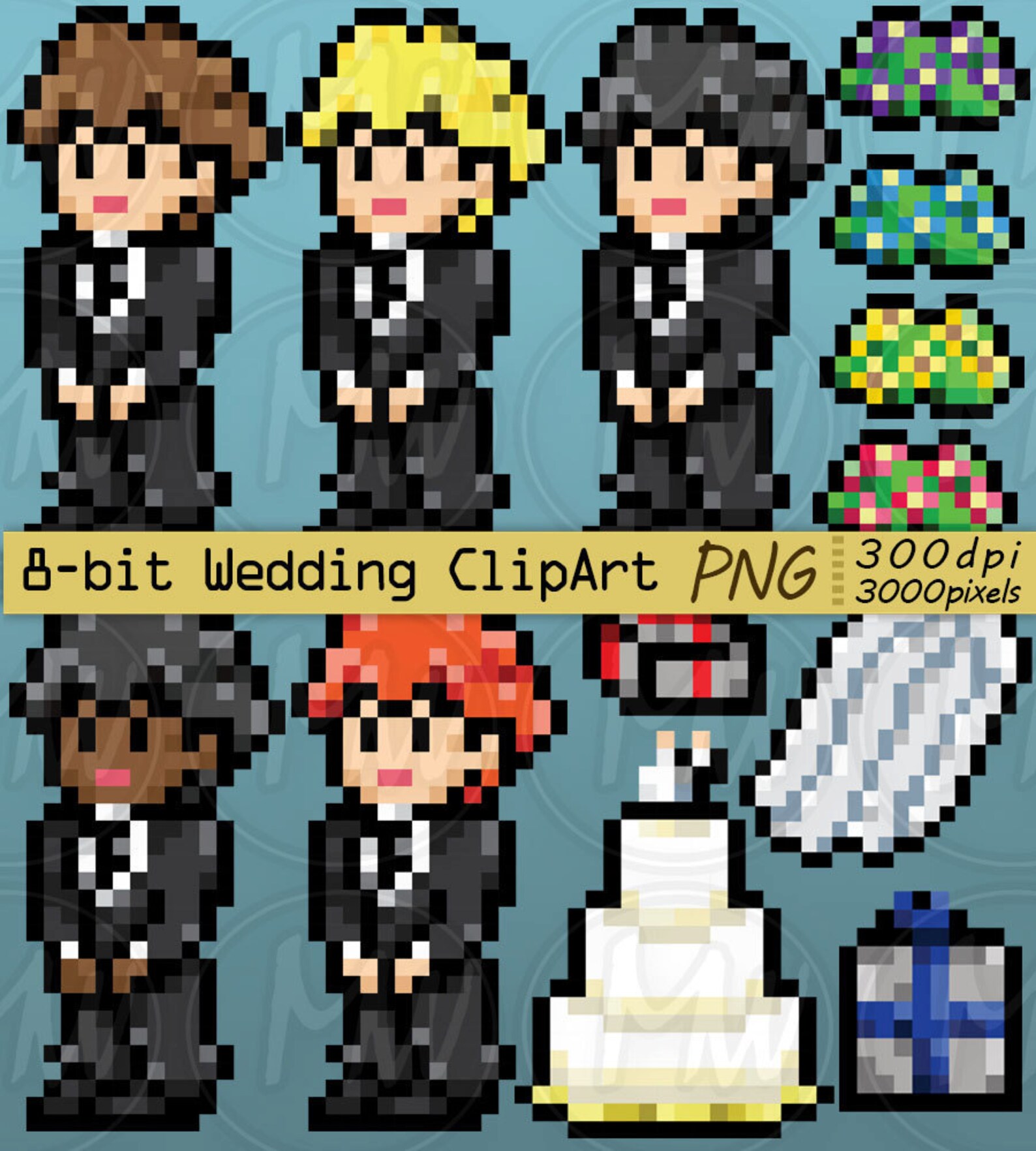 8-bit Wedding Clipart, Wedding Clip Art, Wedding Invitation, Bride ...