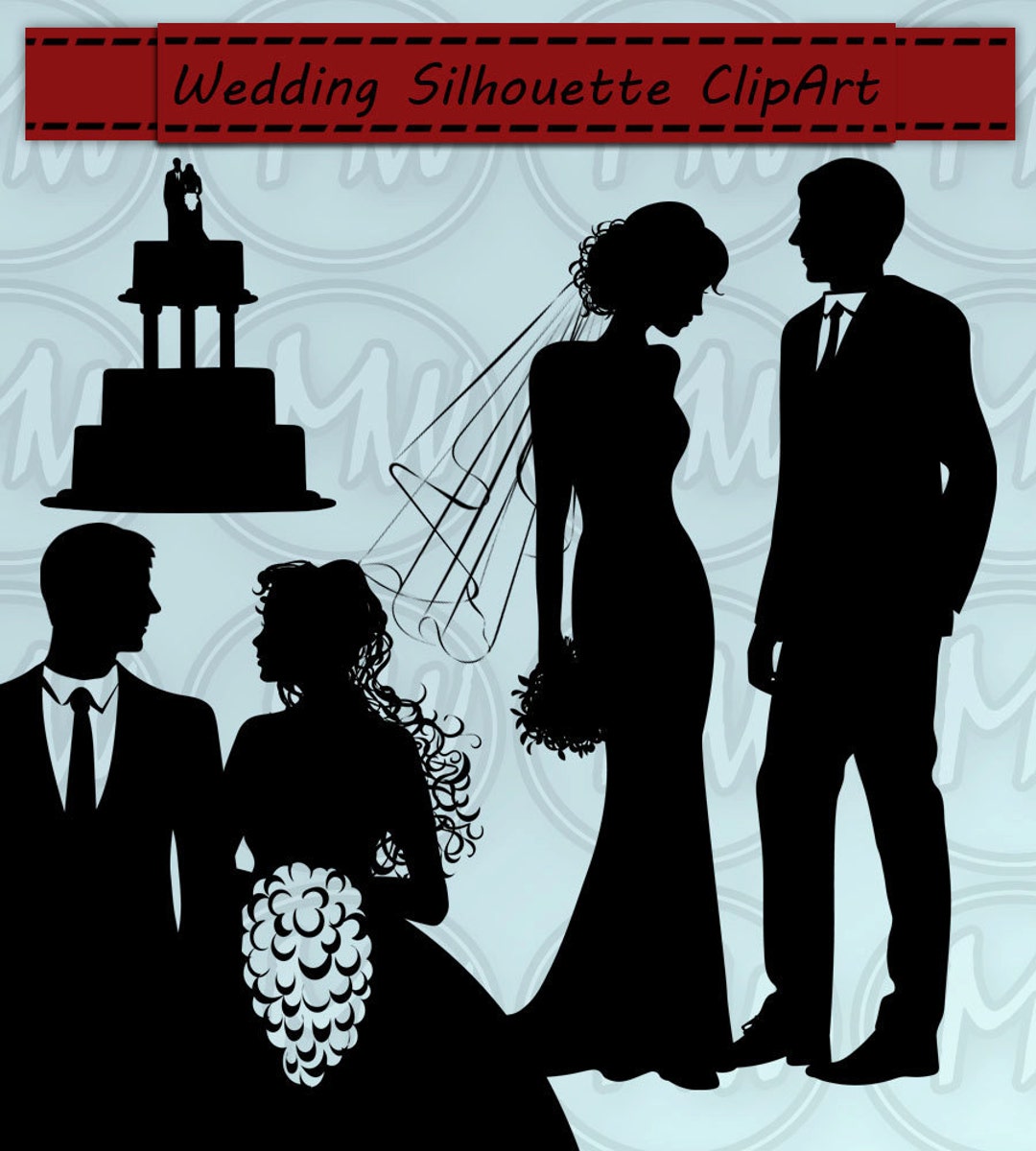 Wedding Clipart, Silhouette, Bride & Groom, Clip Art, Mix, Match, Head ...