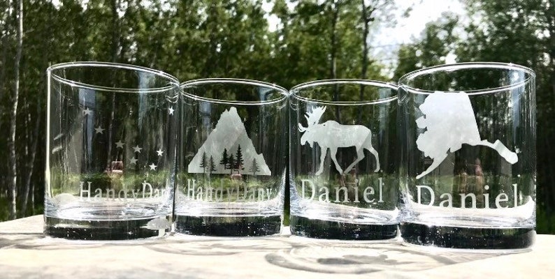 Etched Whiskey Glasses Alaska Theme Set Of 4 State Of Etsy