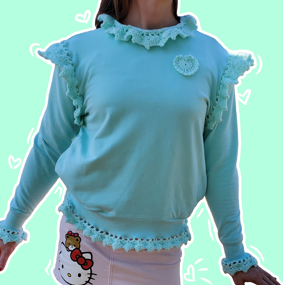 Mint Green Fairy Kei Inspired Crochet Detail Sweater - Etsy