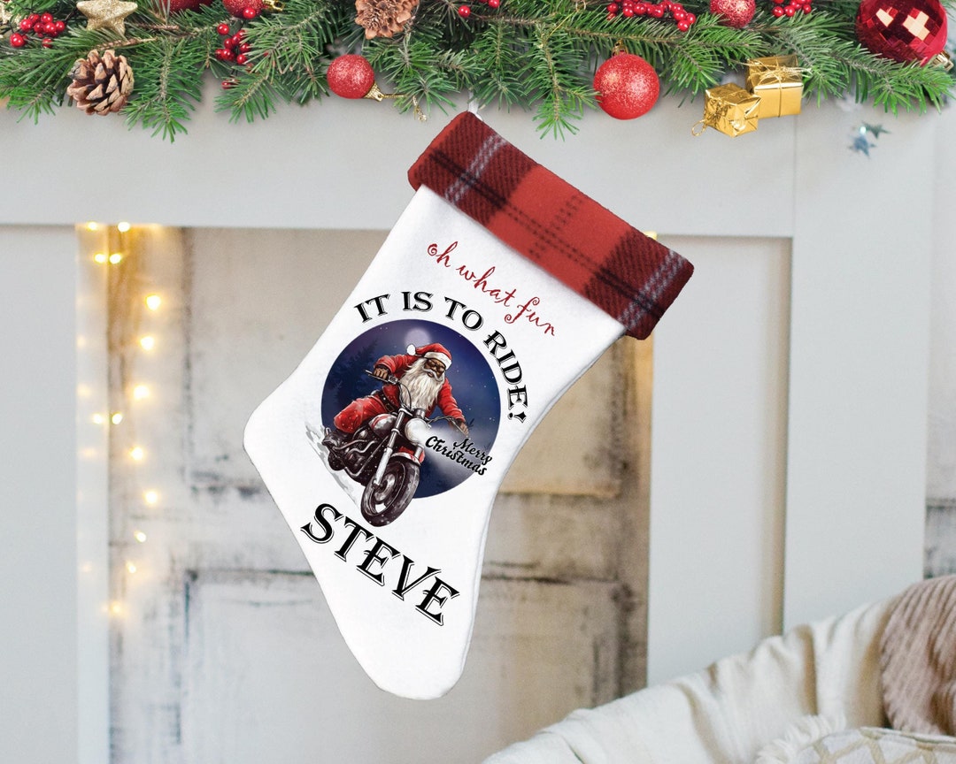 Black Santa on Motorcycle Christmas Stocking With Custom Name, Oh What ...