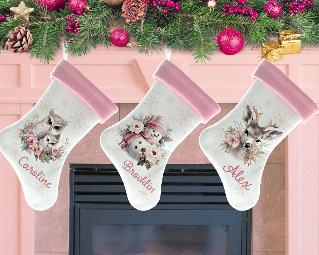 Pink Christmas Stockings, Winter Forest Creatures, Personalized ...