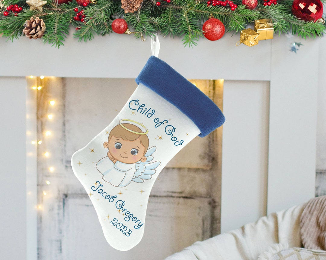 Child of God Christmas Stocking, Blue Baby Boy Christmas Stocking, Baby ...
