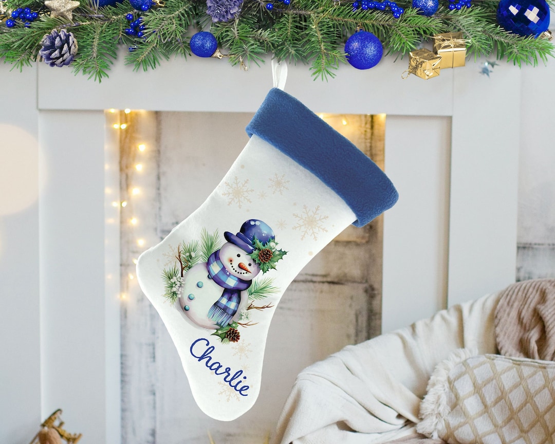 Blue Snowman Christmas Stocking With Personalized Name, Blue and White ...