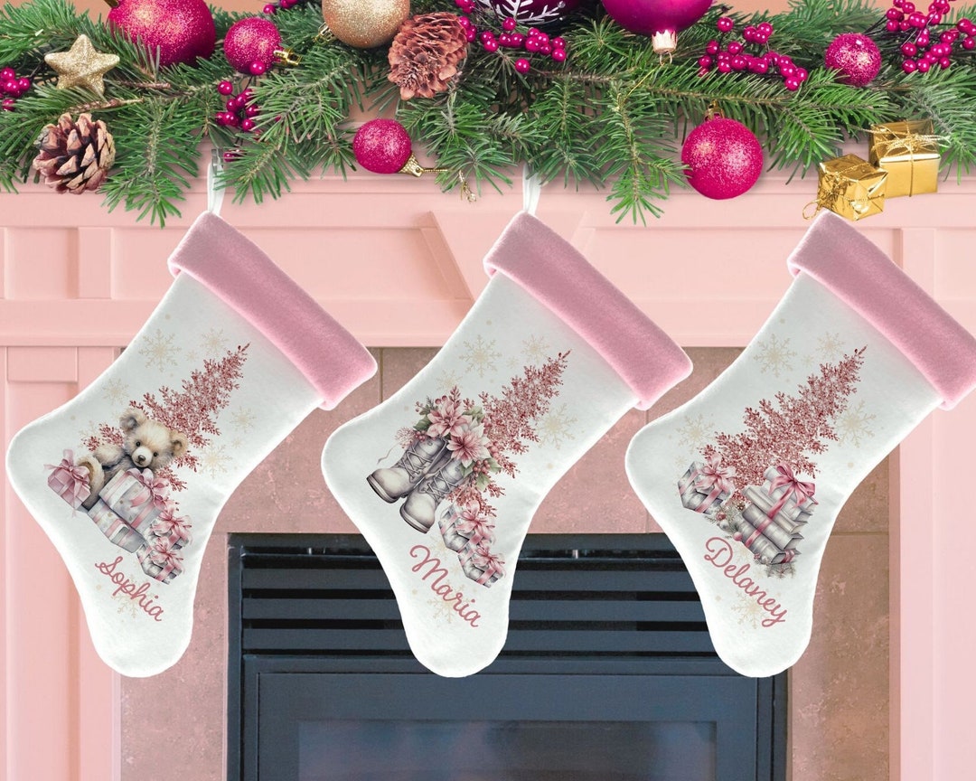 Personalized Pink Christmas Stocking: Tree Print, Matching Set - Etsy