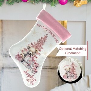 Personalized My First Christmas Stocking: Pink Teddy Bear, Optional ...
