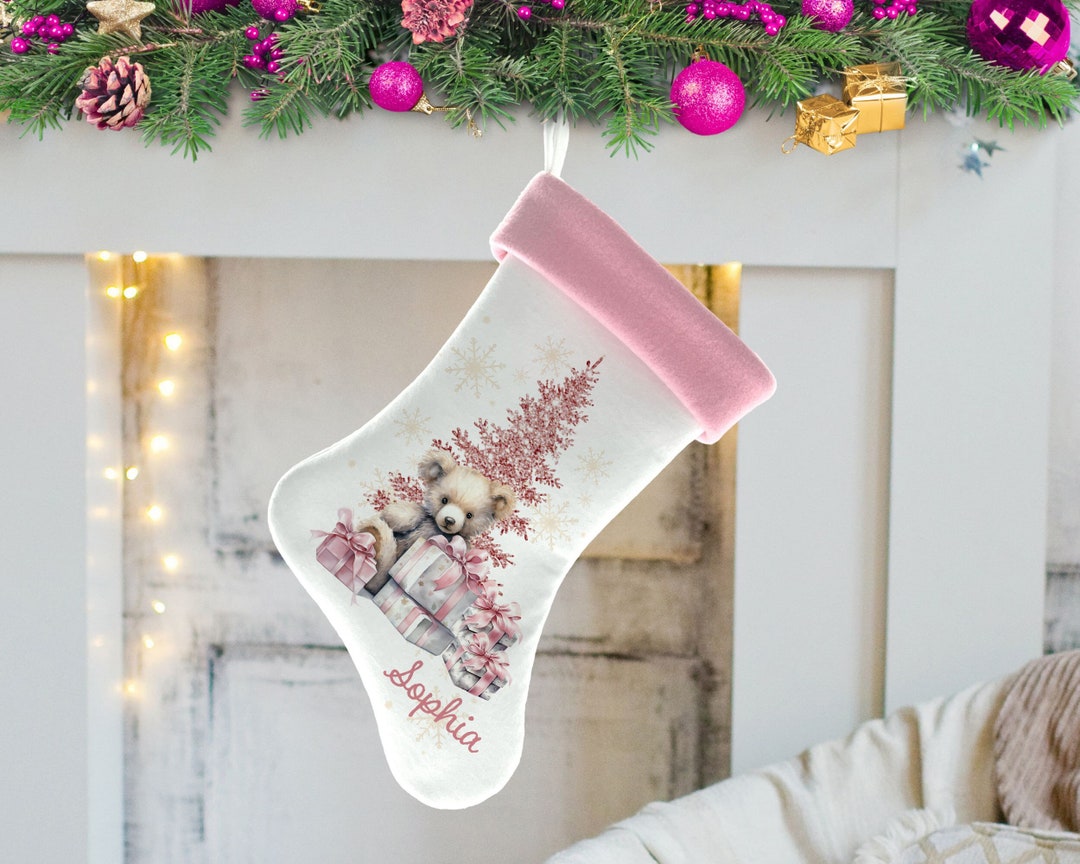 Pink Christmas Stocking for Kids, Teddy Bear Stocking, Personalized ...