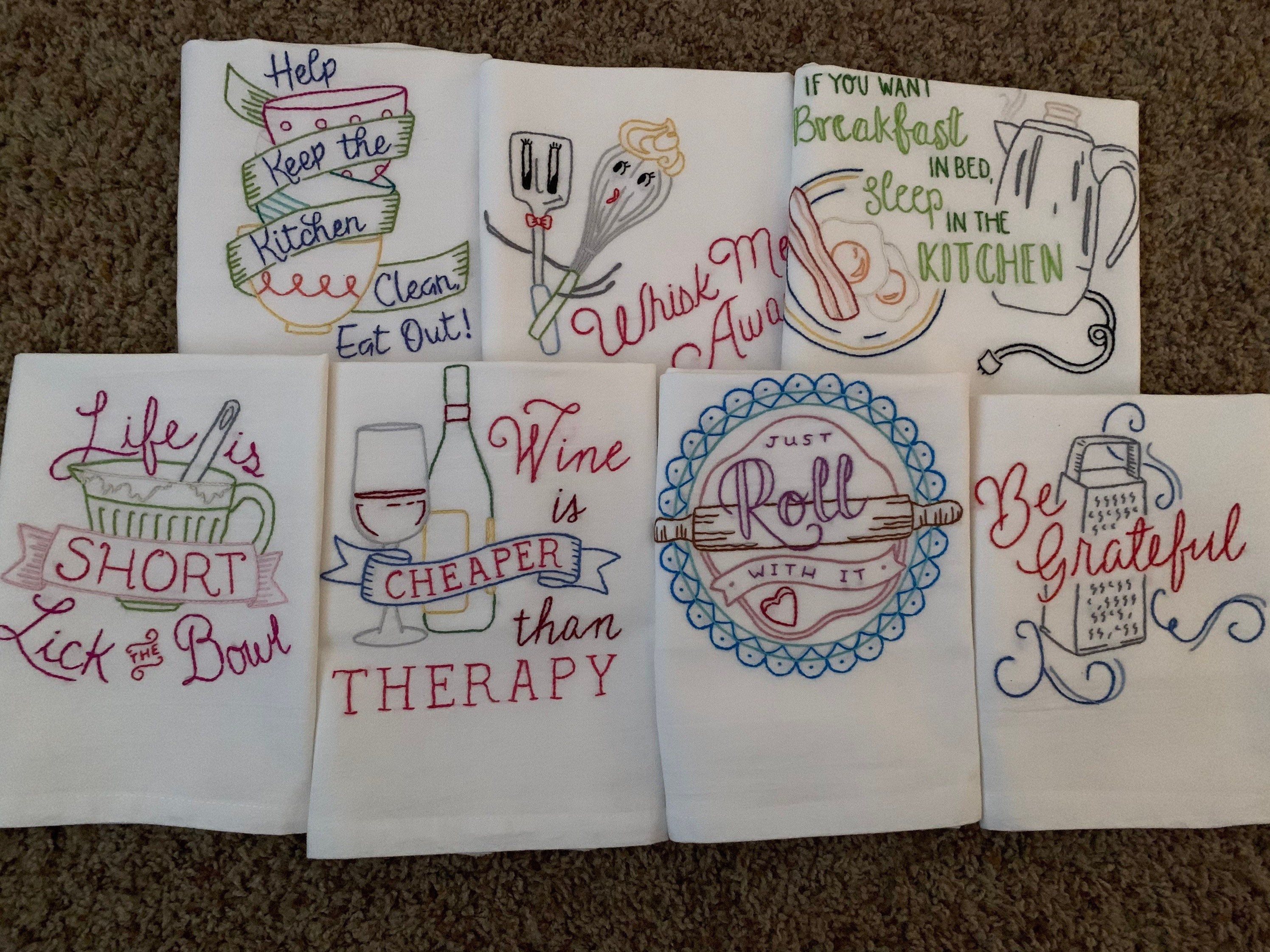 Set of 7 Hand Embroidered Kitchen Towels With KITCHEN Theme. Dish ...