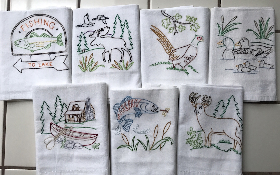 Set of 7 Hand Embroidered Kitchen Towels With Outdoor Living Theme ...