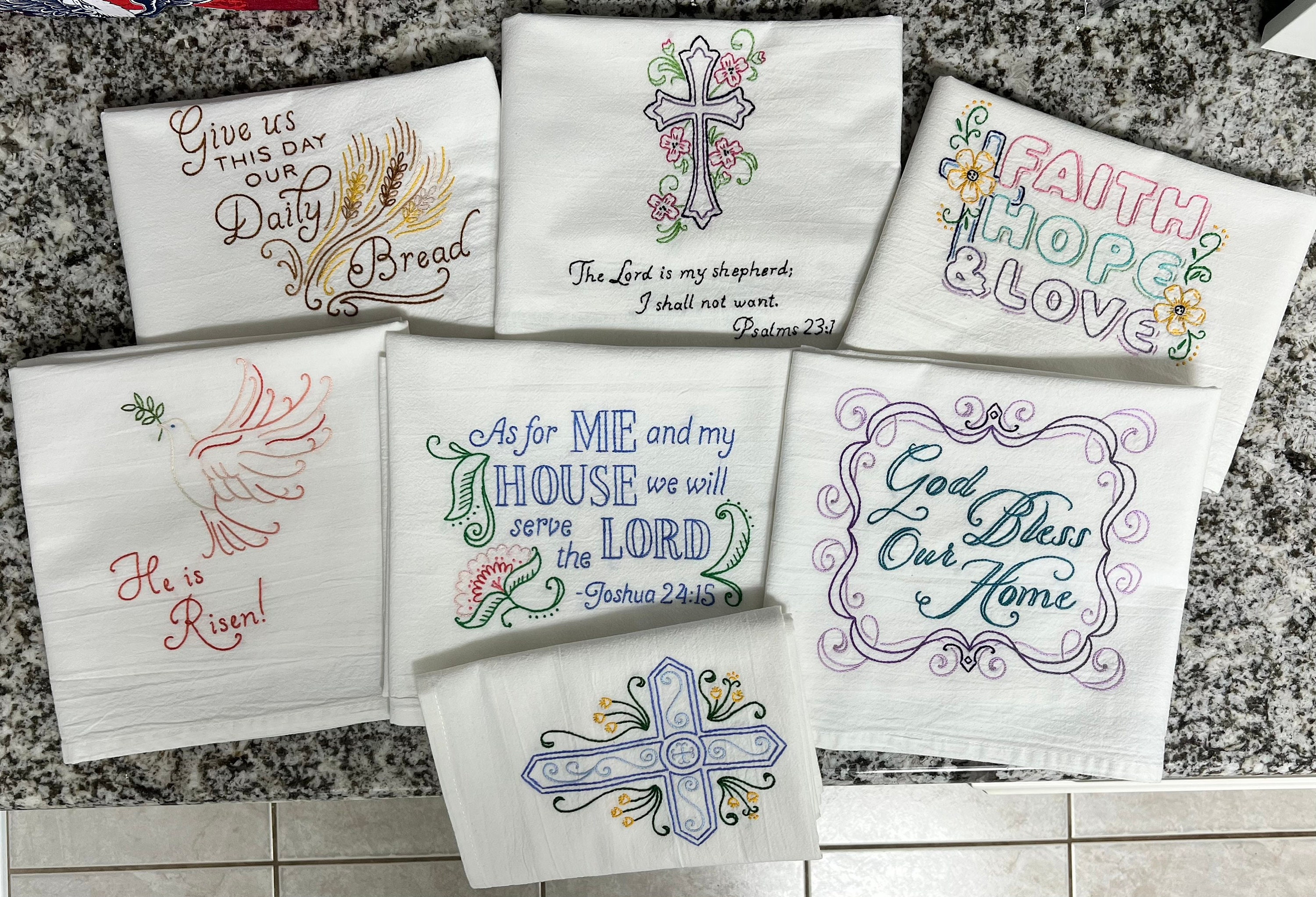 Set of 7 Hand Embroidered Kitchen Towels With "religious" Theme, Flour ...