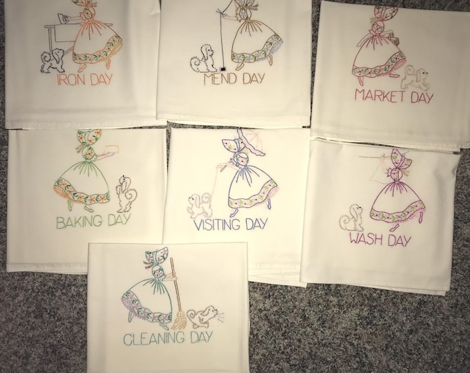 Days of the Week Chores Embroidered Tea Towels, Sunday-monday-tuesday ...