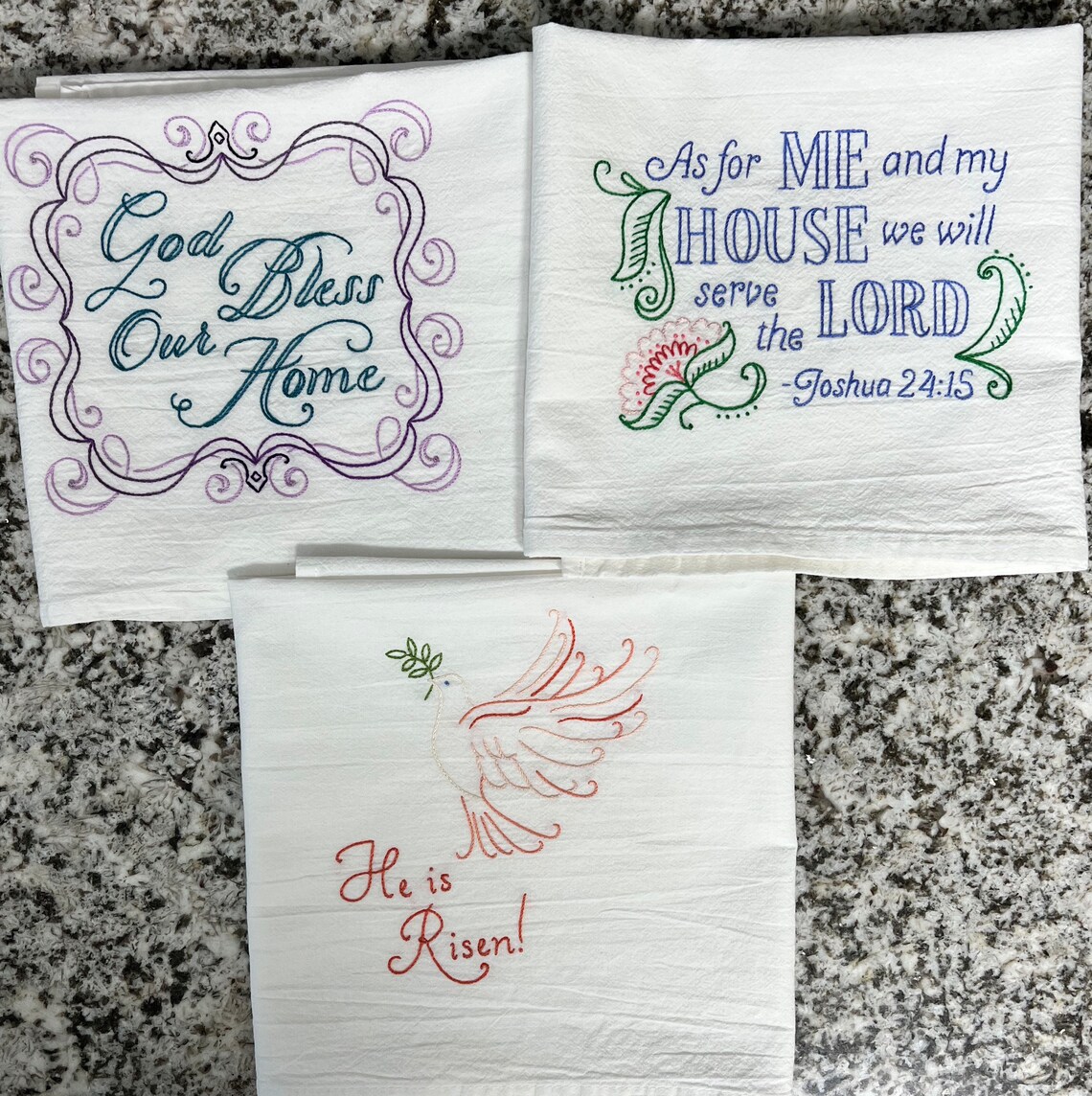 Set of 7 Hand Embroidered Kitchen Towels With "religious" Theme, Flour ...