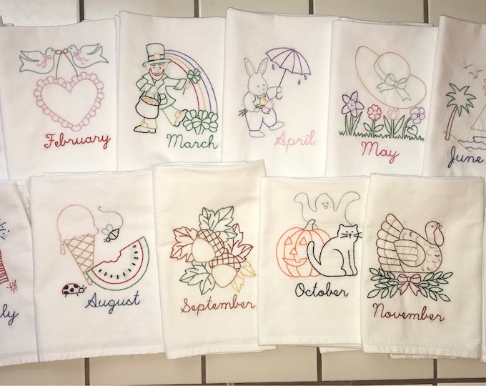 Set of 12 Hand Embroidered Kitchen Towels, Months of the Year Theme ...