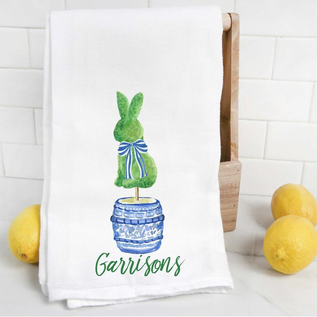 Personalized Chinoiserie Easter Bunny Topiary Tea Towel, Kitchen Towel ...
