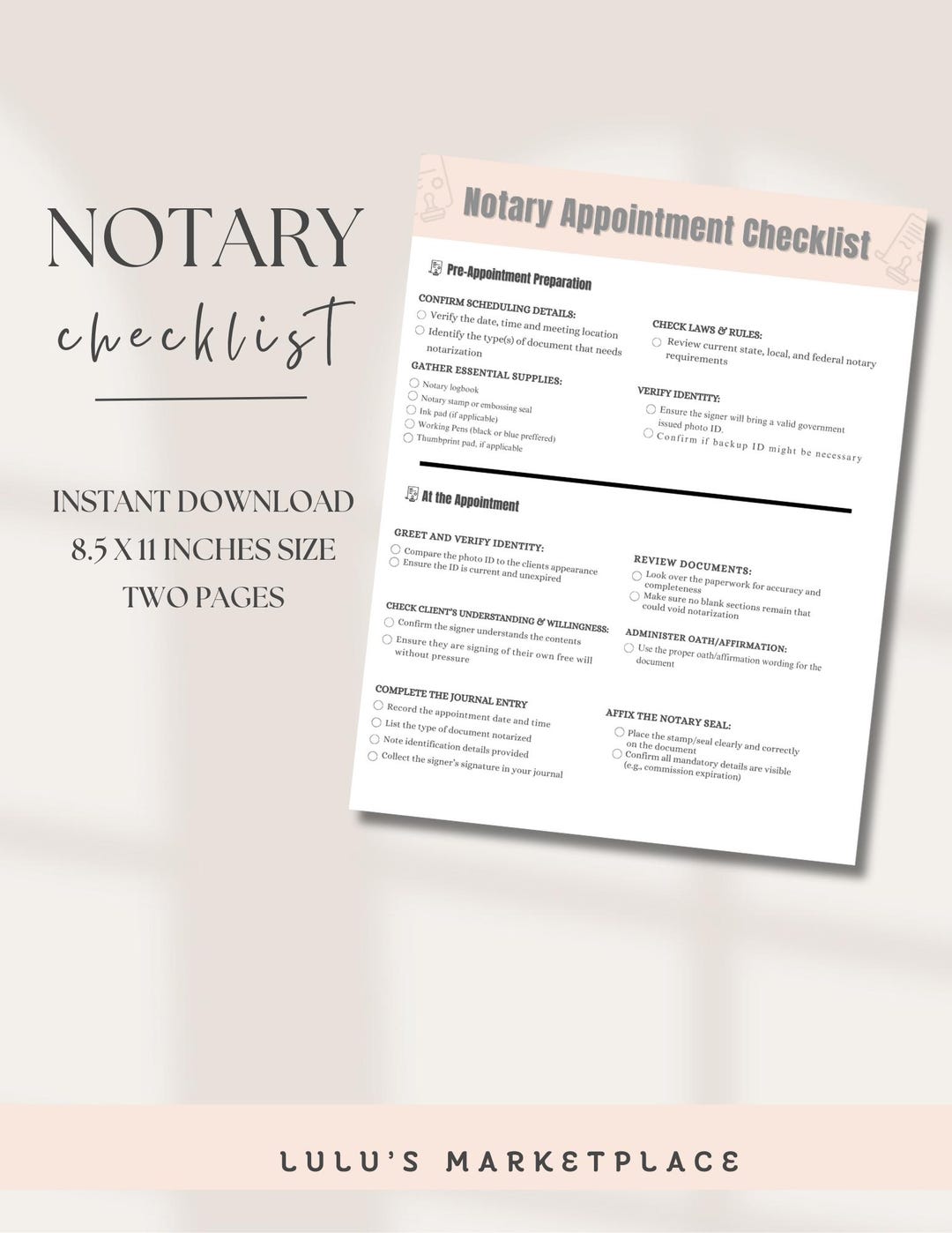 Notary Appointment Checklist Template: Professional Signing Agent Forms ...