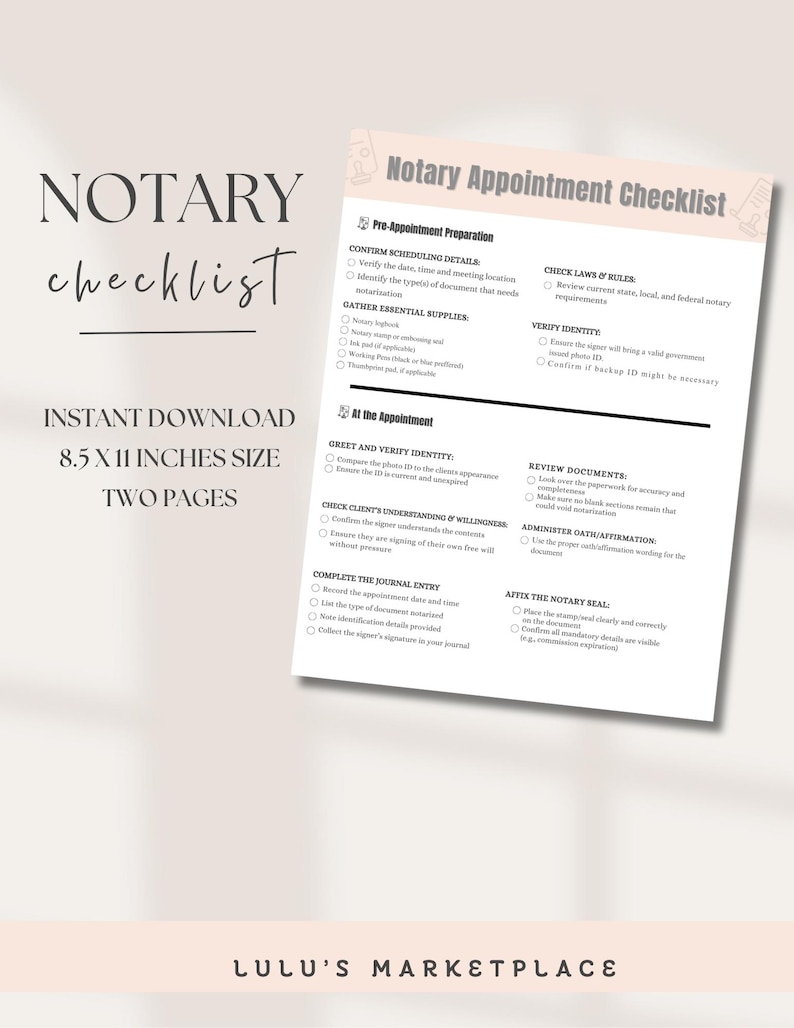 Notary Appointment Checklist Template: Professional Signing Agent Forms ...