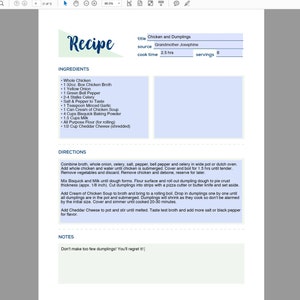 Recipe Page Recipe Printable Recipe Card Recipe Template - Etsy