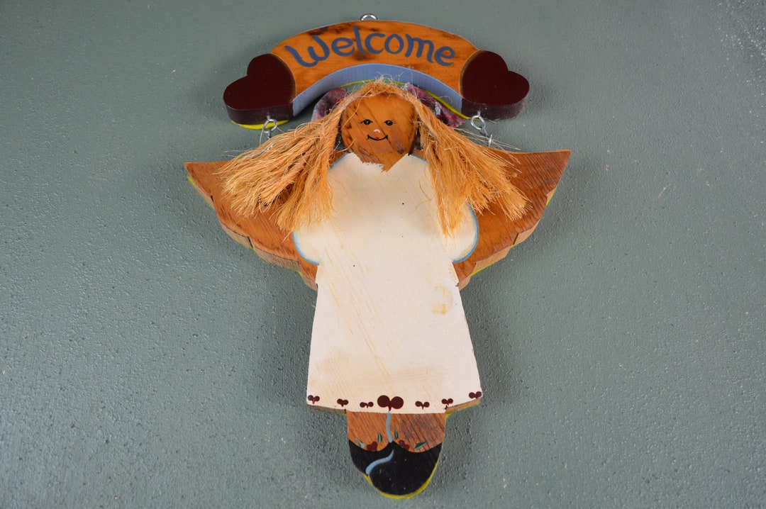 House Entrance Angel, Vintage Wood Hanging Welcome Sign, #537 - Etsy
