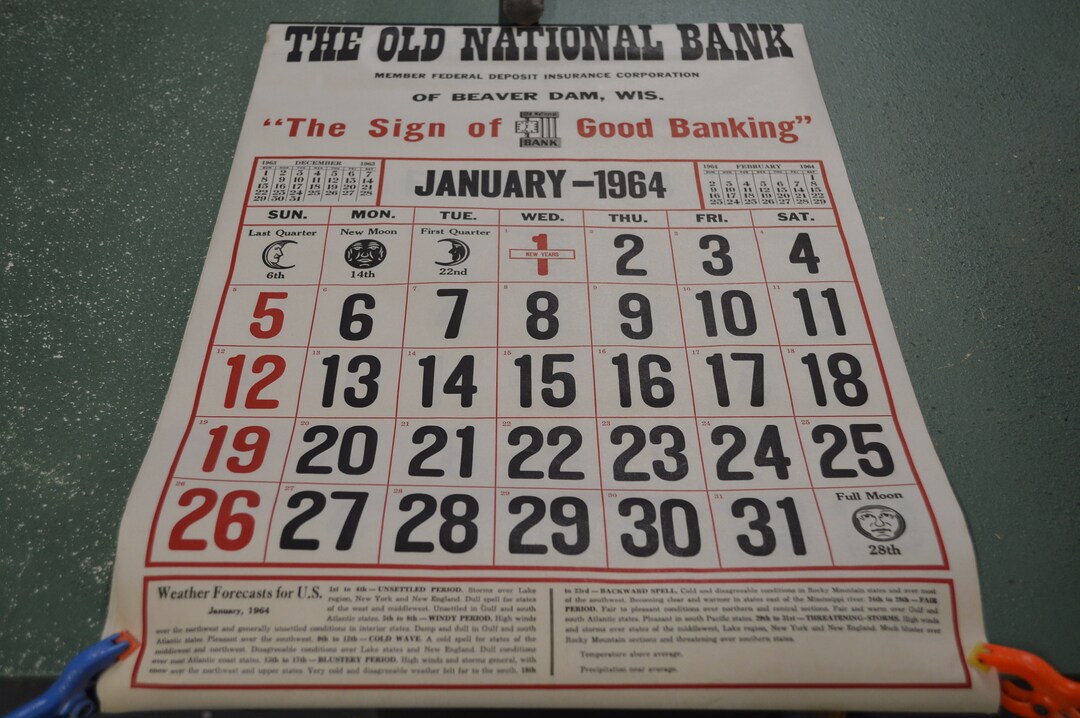 1964 Old National Bank Calendar, Beaver Dam Wisconsin Vintage ...