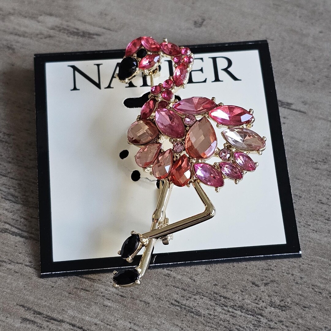 Napier SIGNED Gold Tone Pink Flamingo Crystal Rhinestone Brooch Pin - Etsy