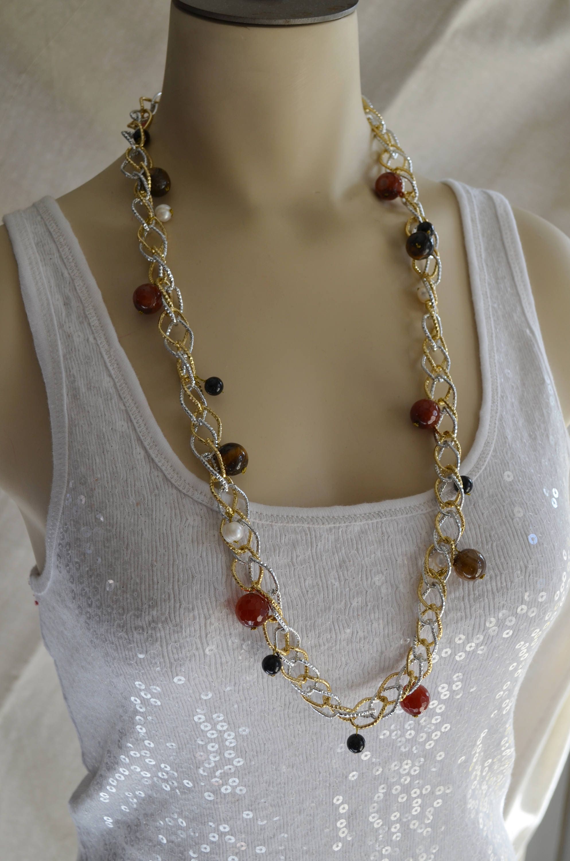 Two-tone Textured Link Chain Long Dangle Necklace With Mixed - Etsy