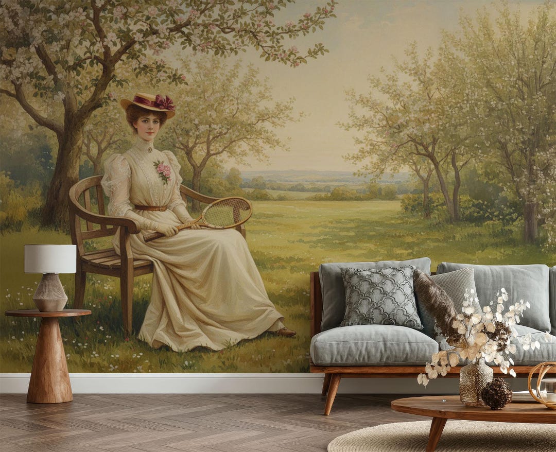 Edwardian Lady Art Wall Mural, Vintage Woman Tennis Racket Painting ...