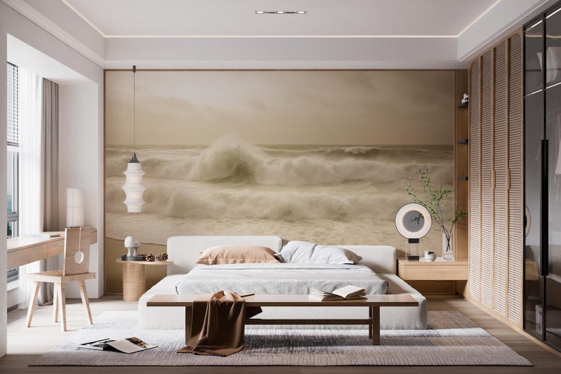 Stormy Beach Wall Mural, Ocean Waves Wallpaper, Sepia Seascape Accent ...
