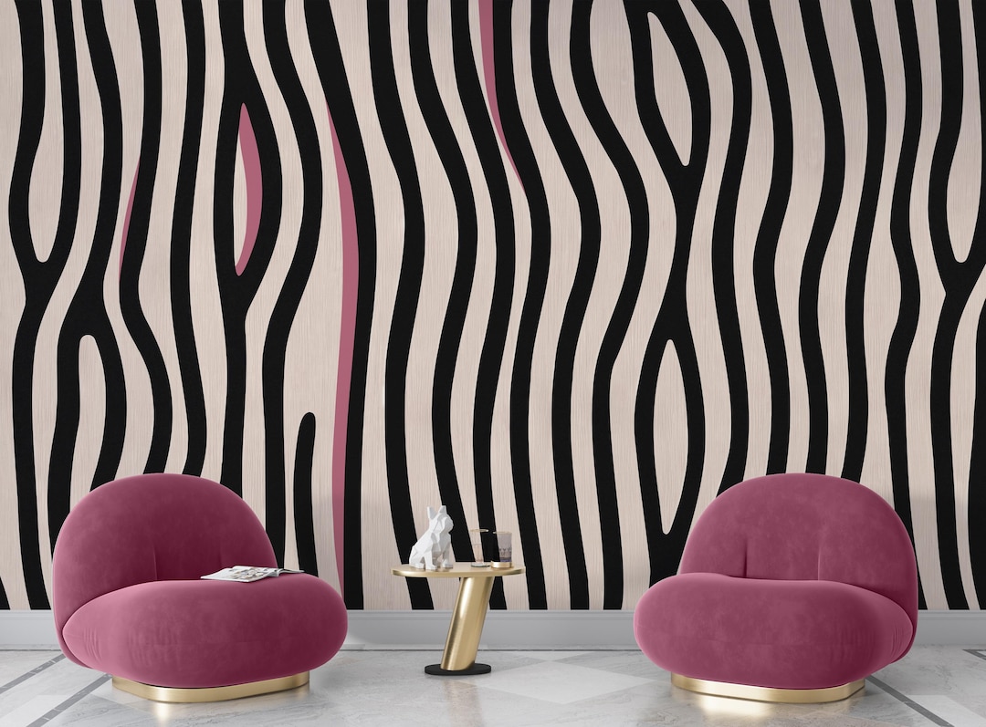 Modern Abstract Zebra Wallpaper - Contemporary Black, Beige & Pink Wavy ...