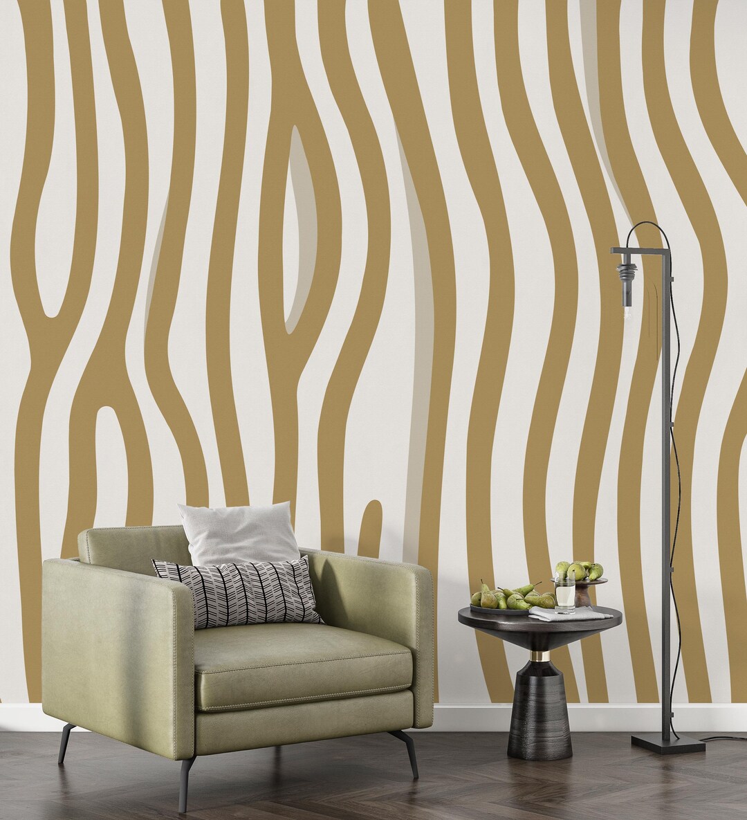 Modern Mustard Wavy Line Wall Mural, Abstract Gold Wallpaper ...