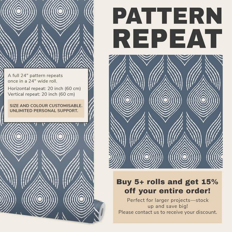 Navy Blue Geometric Wallpaper, Peel and Stick Accent, Art Deco Teardrop ...