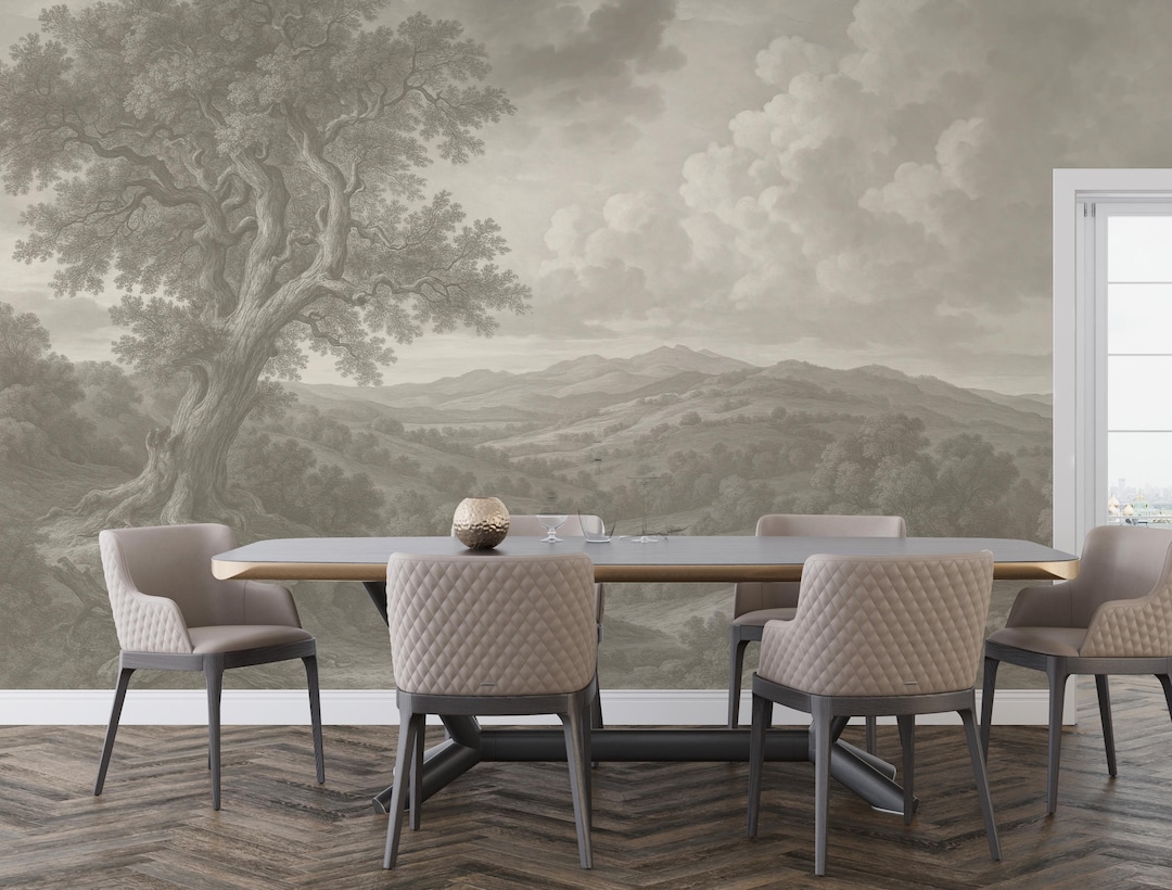Grayscale Scenic Landscape Mural, Classic Panoramic Nature Wall Art ...