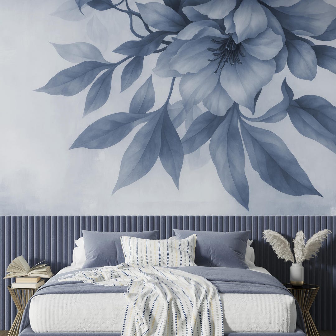 Wall Mural Large Floral, Wallpaper Dusty Blue Peony Flowers, Peel and ...