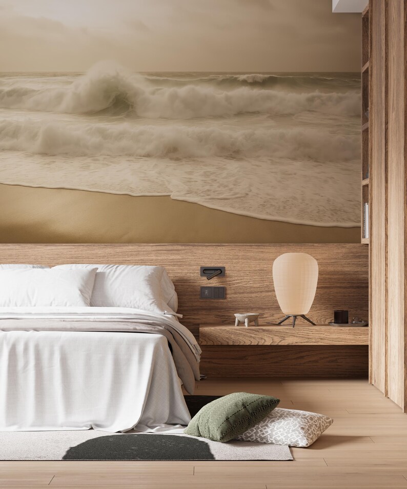 Stormy Beach Wall Mural, Ocean Waves Wallpaper, Sepia Seascape Accent ...