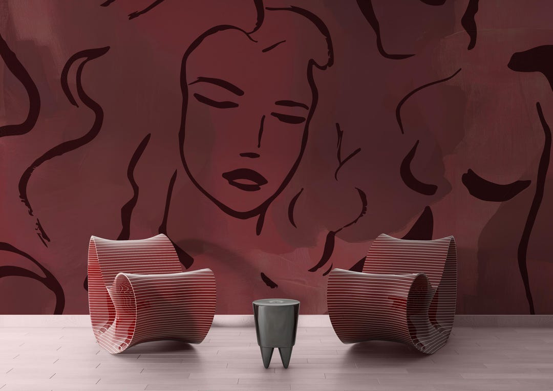 Modern Burgundy Line Art Wall Mural, Feminine Abstract Wallpaper ...