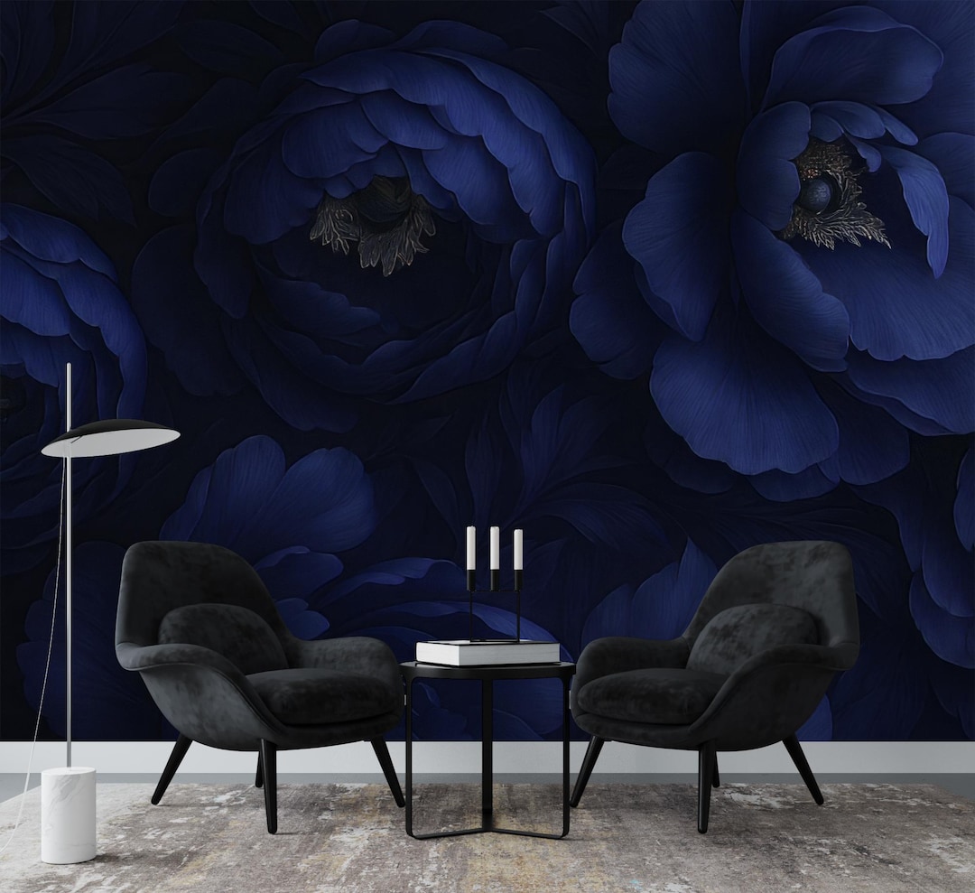Dark Floral Wallpaper Mural, Moody Blue Peony Flowers, Deep Blue Floral ...