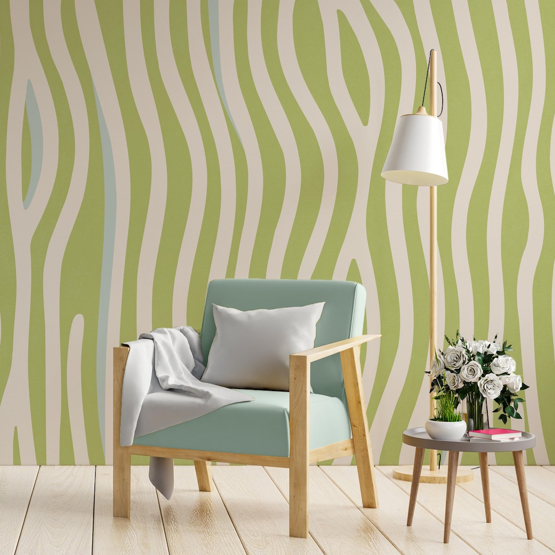 Green Wavy Line Wall Mural, Abstract Nature-inspired Wallpaper, Modern ...