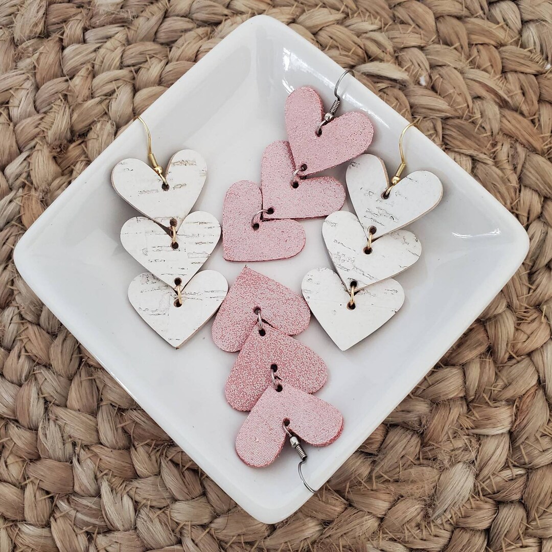 Triple Leather Heart Earring, Leather Heart Earring, Pink Leather Heart ...