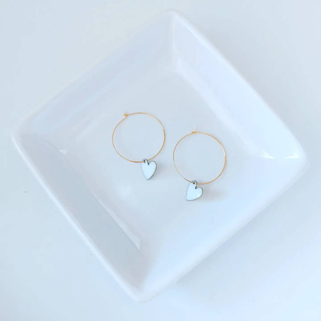 Gold Hoop Heart Earring, White Heart Hoop Earring, Gold Heart Earrings ...