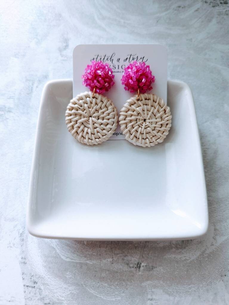 Rattan Circle With Hot Pink Seed Bead Stud Rattan Earrings - Etsy