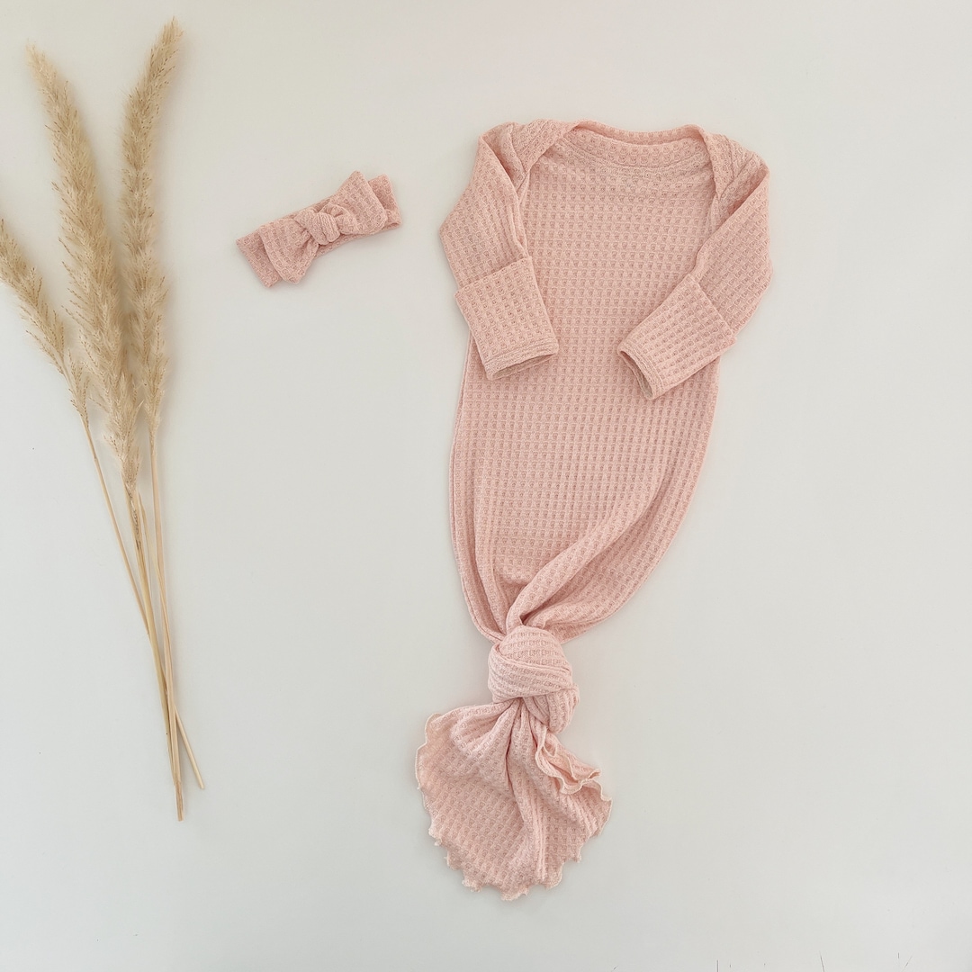 Pink Waffle Knotted Baby Gown, Sleep Sack, Newborn Girl Knot Gown, Tied ...