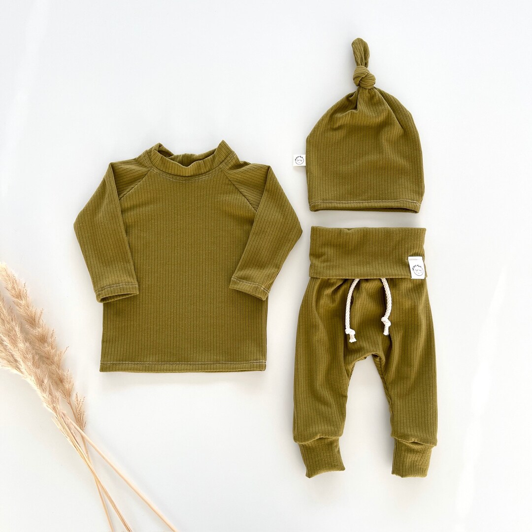 Moss Green Rib Baby Outfit, 2 Piece Set, Spring Coming Home Outfit ...