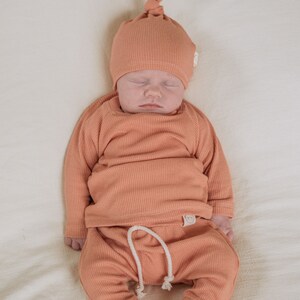 Peach Waffle Knit Baby Girl Outfit | Newborn Coming Home Set With Knot ...