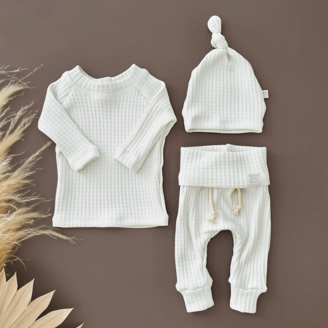 White Waffle Knit Baby Outfit - Newborn Coming Home Outfit Set With Hat ...