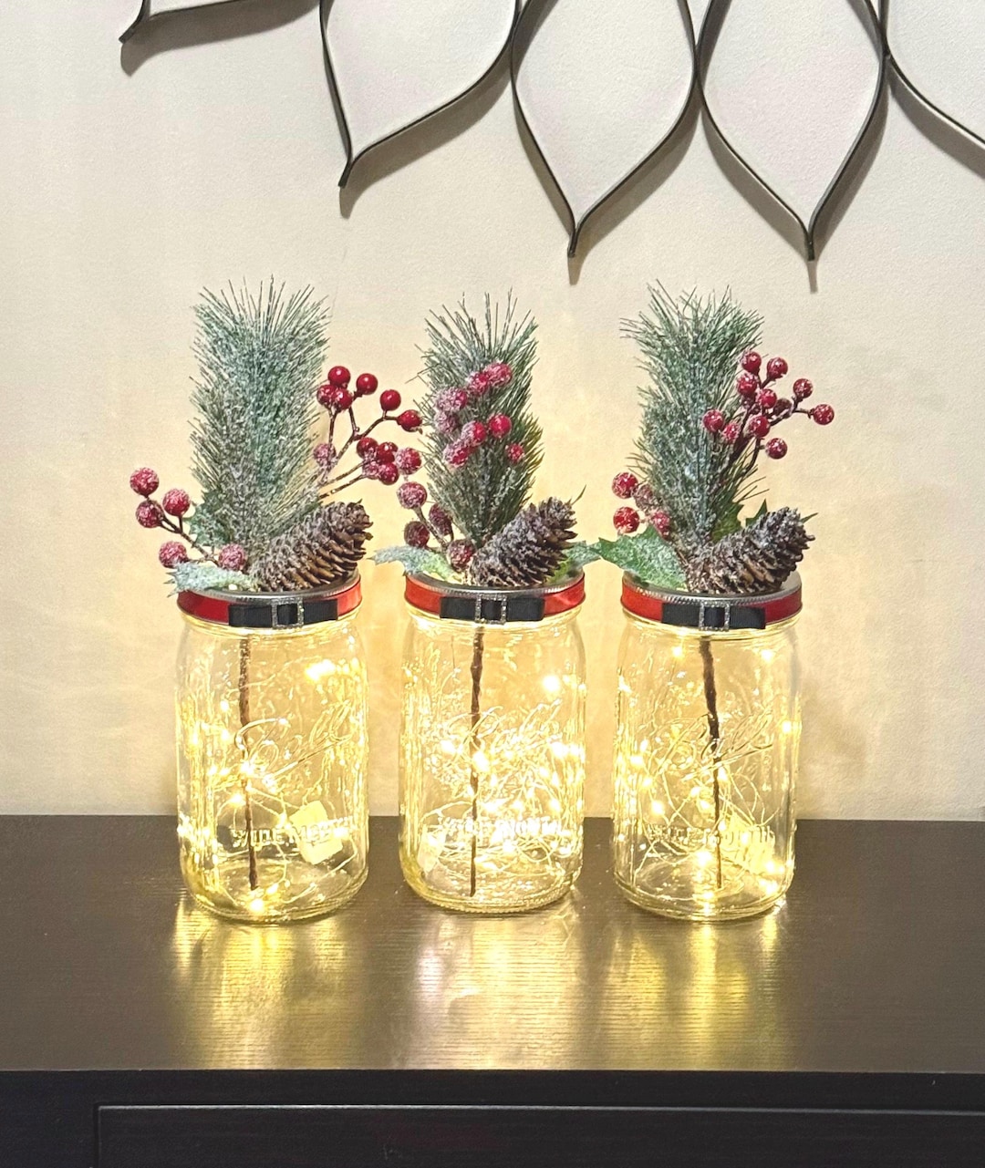 Christmas Decor, Set of 3 Christmas Mason Jar Centerpieces With Fairy ...