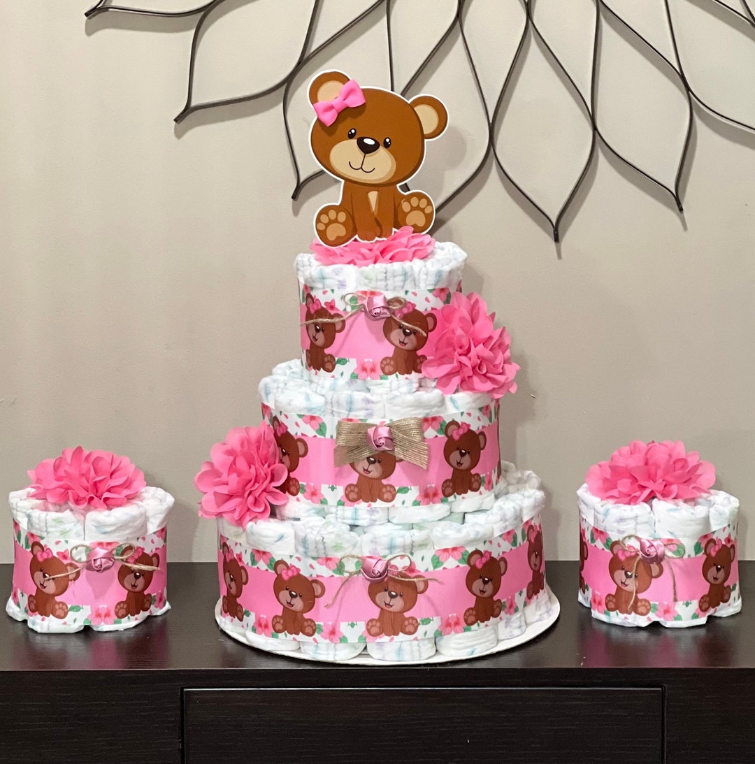 Teddy Bear Baby Shower Diaper Cakes Girl ,set of 3 Teddy Bear Diaper ...