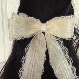 Ivory Satin Lace Bow With Tail , Girl Hair Bow With Tail, Lace Hair Bow ...