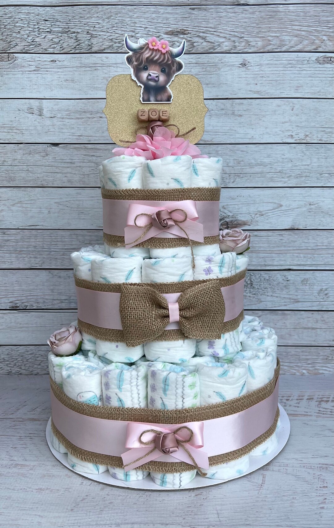 Boho Cow Diaper Cake Girl Highland Cow Baby Shower Centerpiece Baby ...