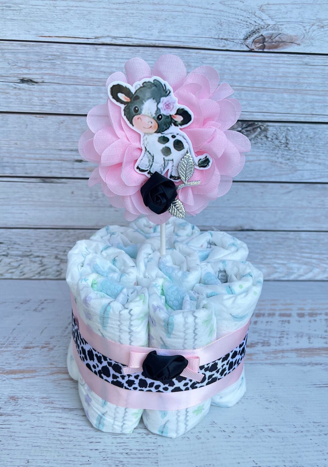 Cow Baby Shower Diaper Cake, Cow Mini Diaper Cake Baby Girl , Baby ...